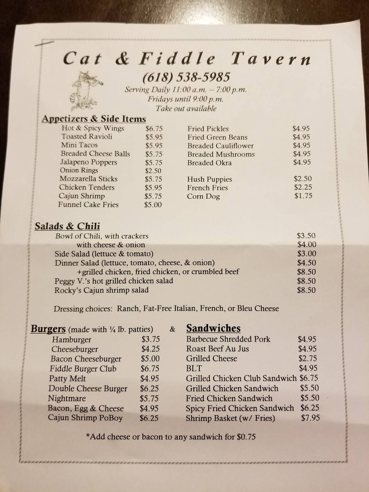 Menu at Cat & Fiddle Tavern pub & bar, Belleville