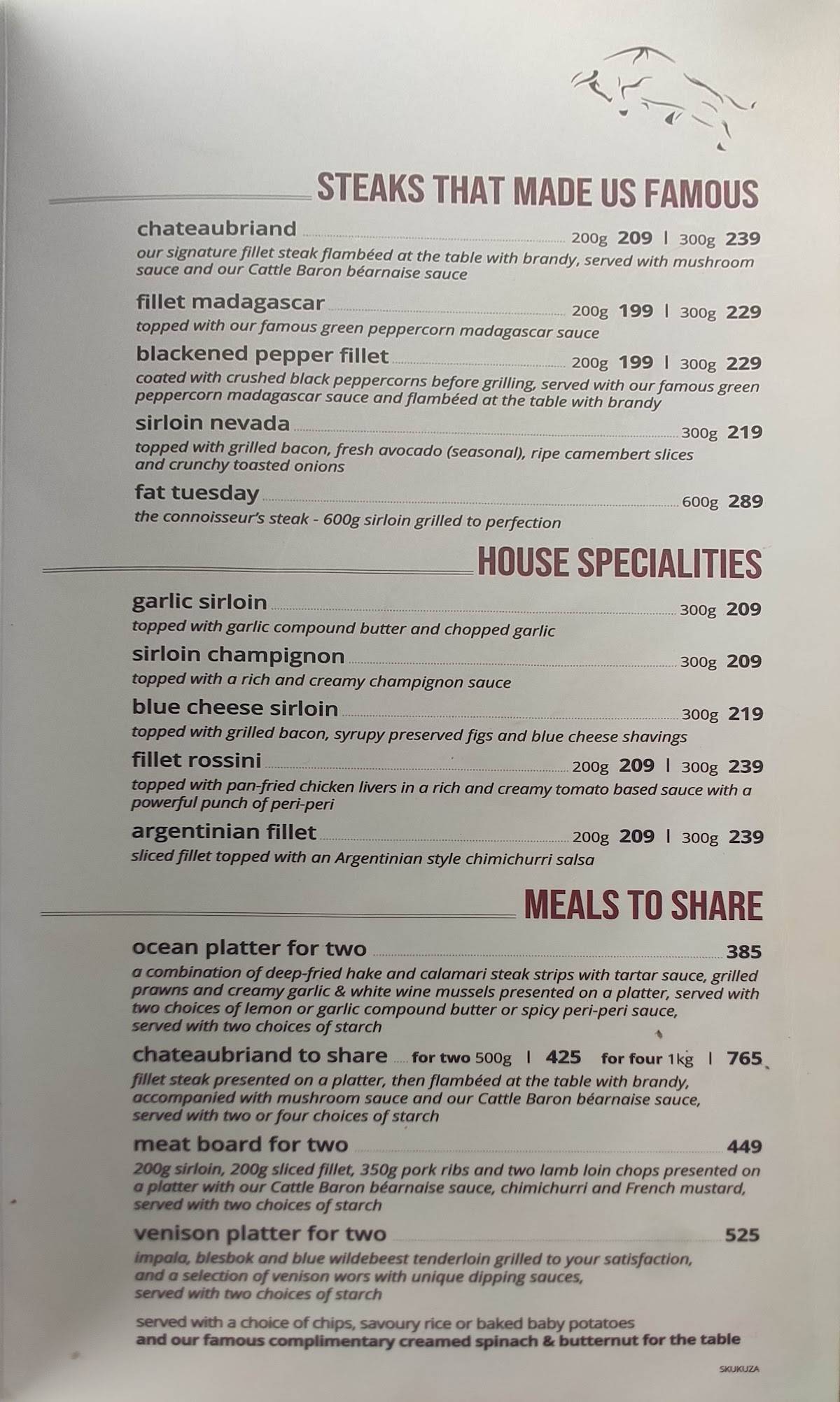 Menu at Cattle Baron @ Skukuza Camp, Skukuza