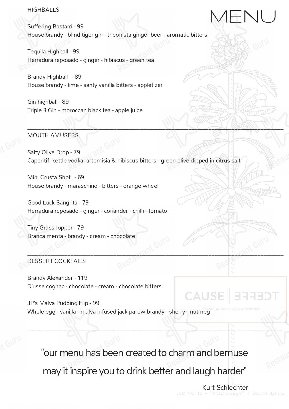Menu at Cause Effect Cocktail Kitchen pub & bar, Cape Town, The Rocket Shed