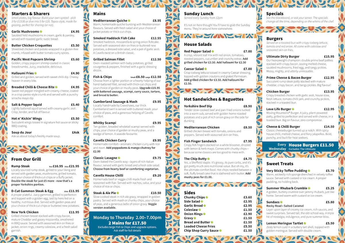 Menu at Cavells Café Bar, Sheffield