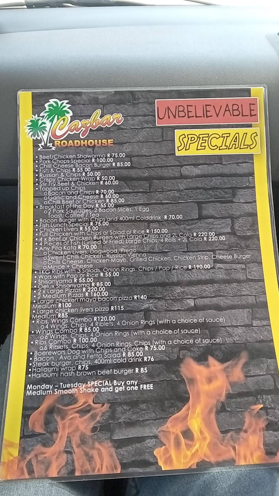 Menu at Cazbar Roadhouse, Germiston