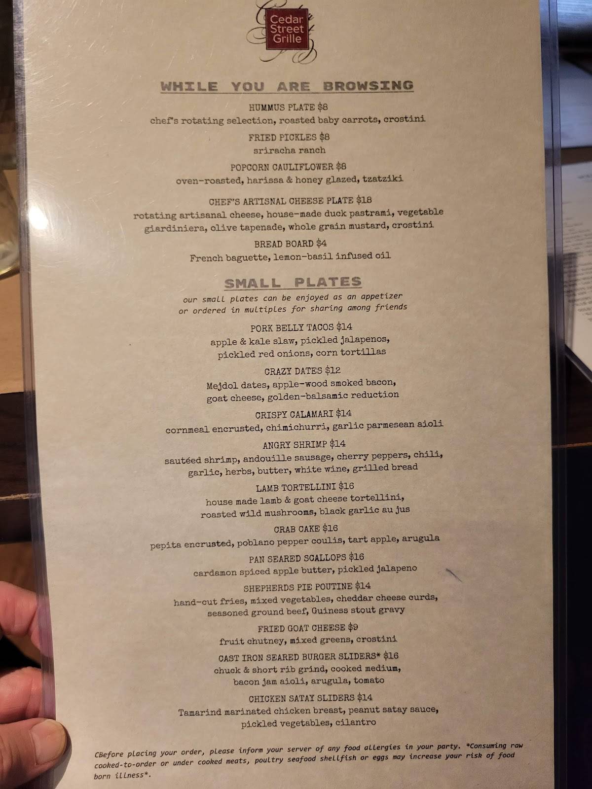 Menu at Cedar Street Grille pub & bar, Sturbridge