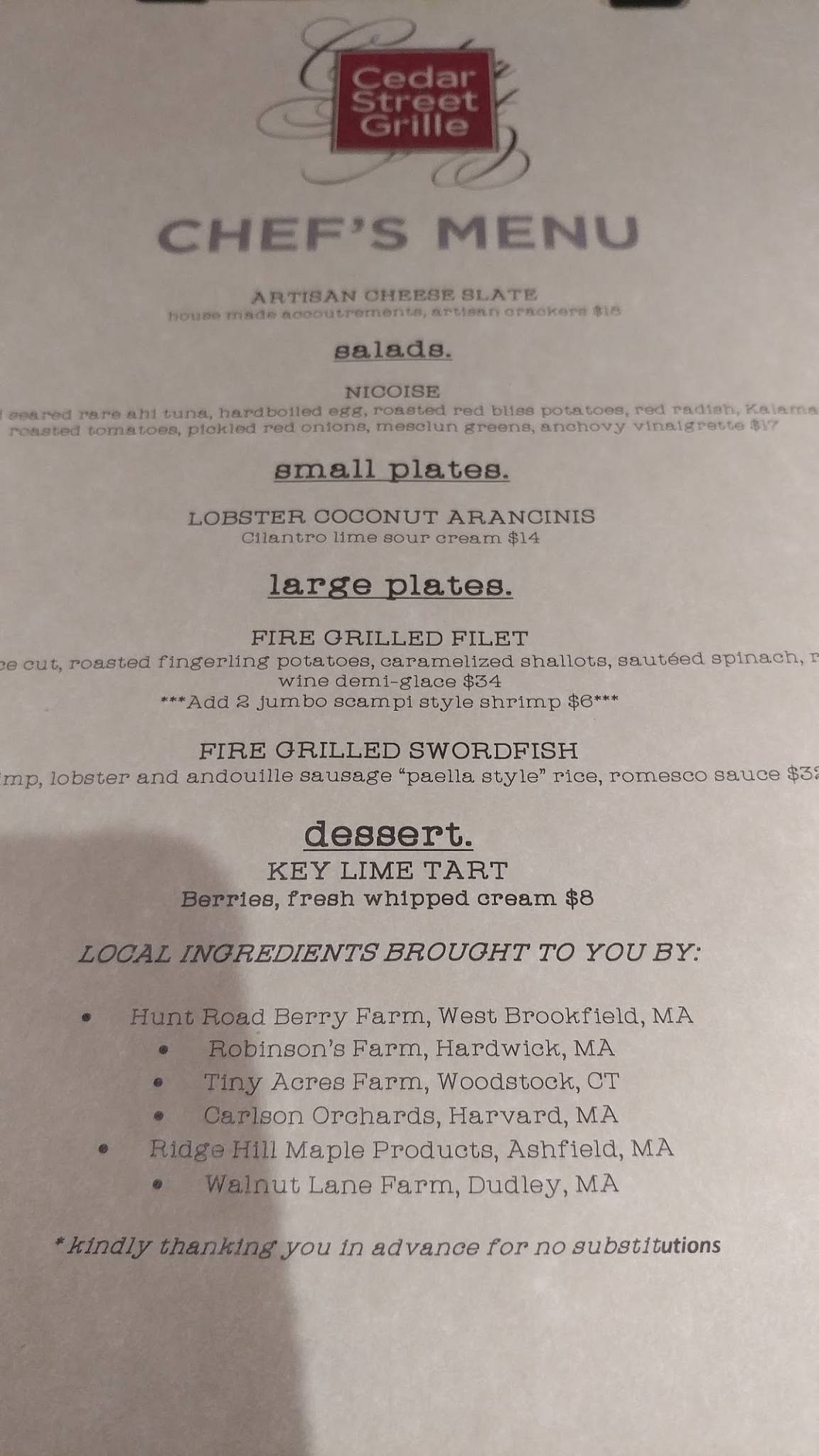 Menu at Cedar Street Grille pub & bar, Sturbridge