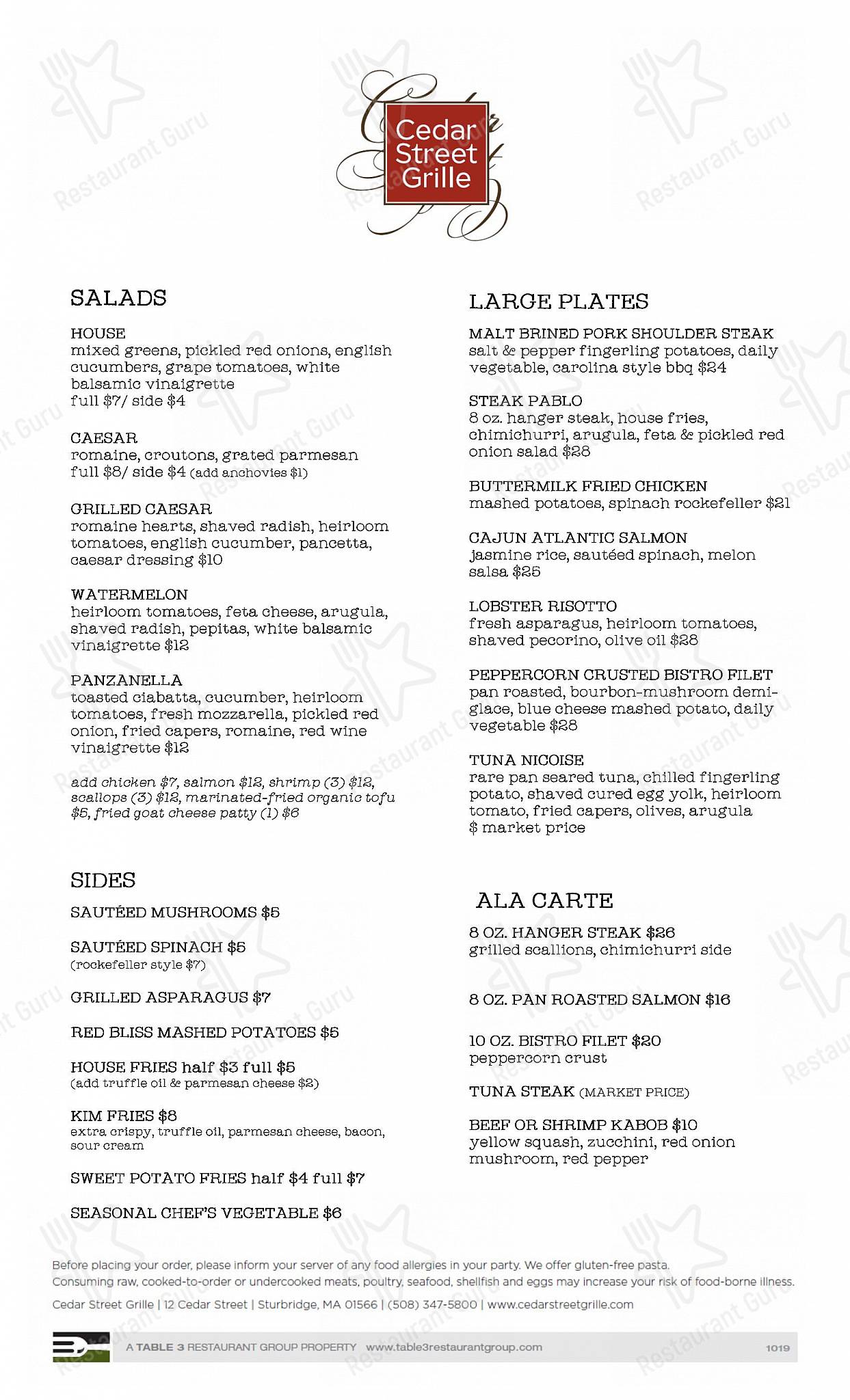 Menu at Cedar Street Grille pub & bar, Sturbridge