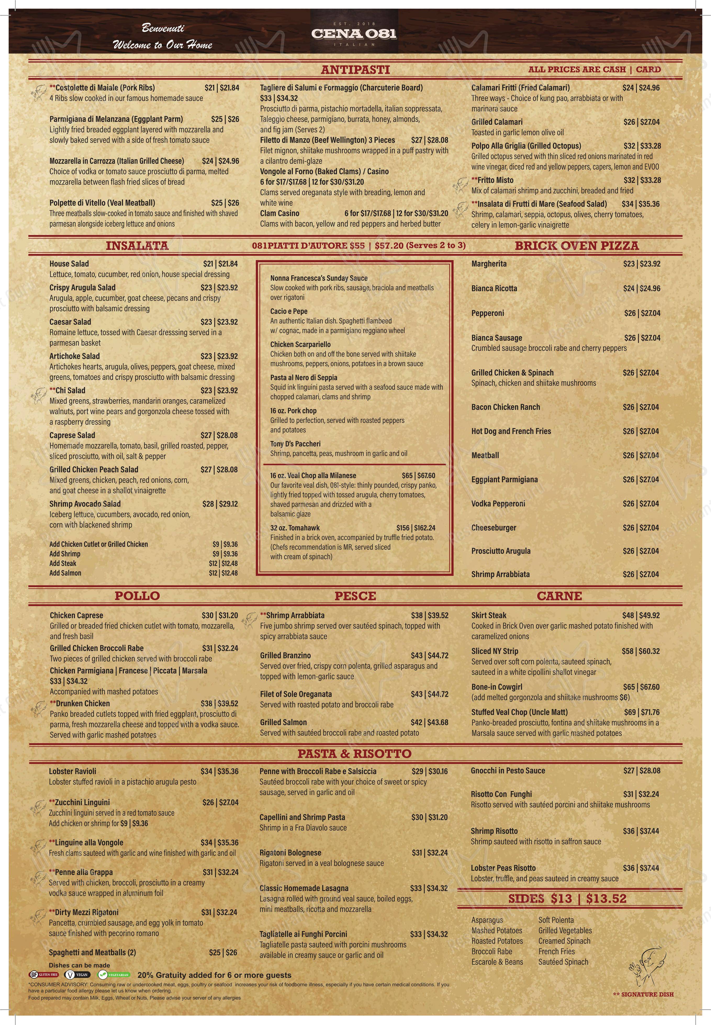 Menu at Cena 081 restaurant, Westbury