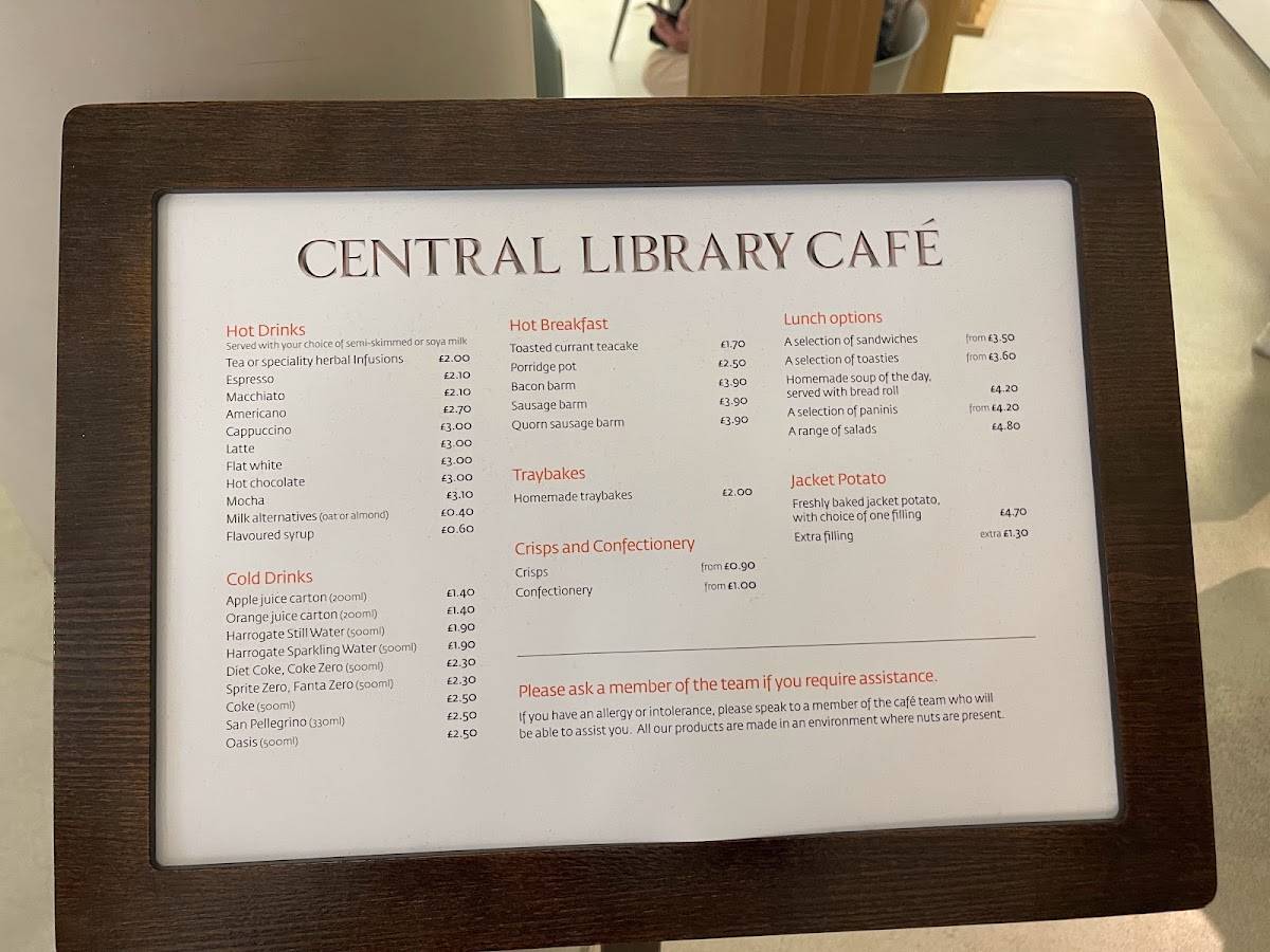 Menu at Central Library Cafe, Manchester