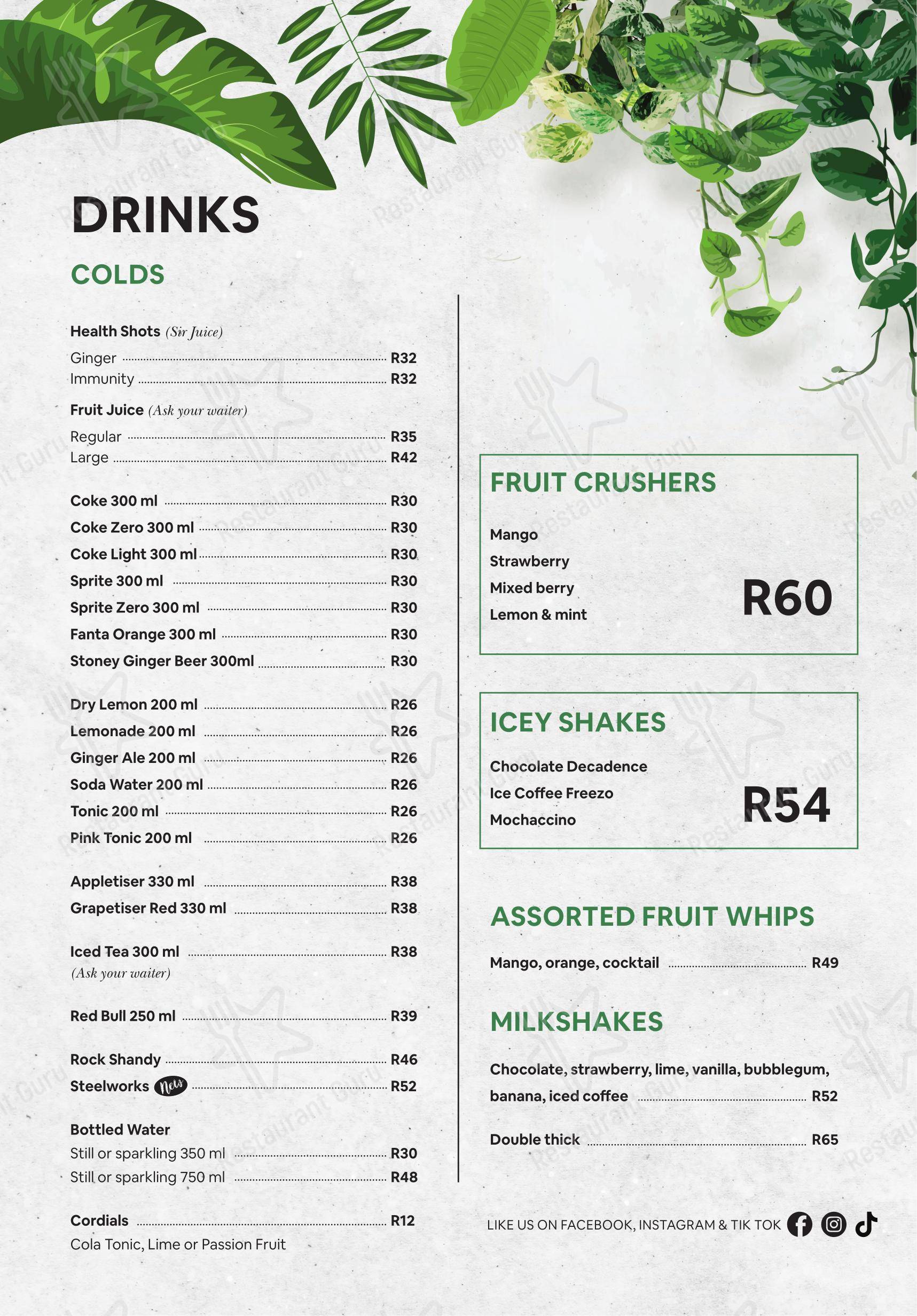 Menu at Centre Court Pavillion restaurant, Westville, 301