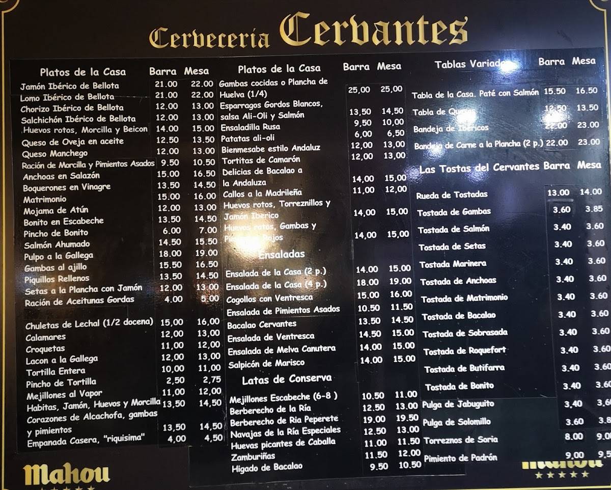 Carta del pub y bar Cervecería Cervantes, Madrid, Plaza Jesús 7