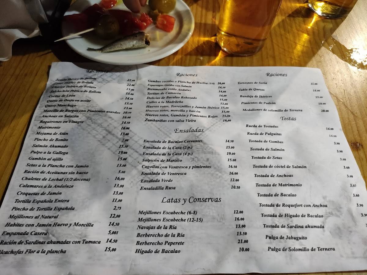 Carta del pub y bar Cervecería Cervantes, Madrid, Plaza Jesús 7