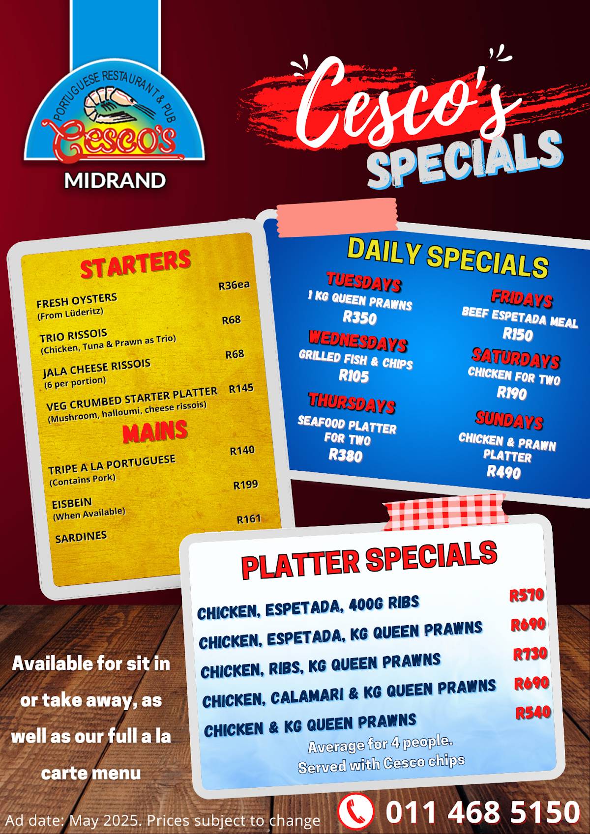 Menu at Cesco's Midrand, Carlswald restaurant, Midrand, 139 Seventh Rd