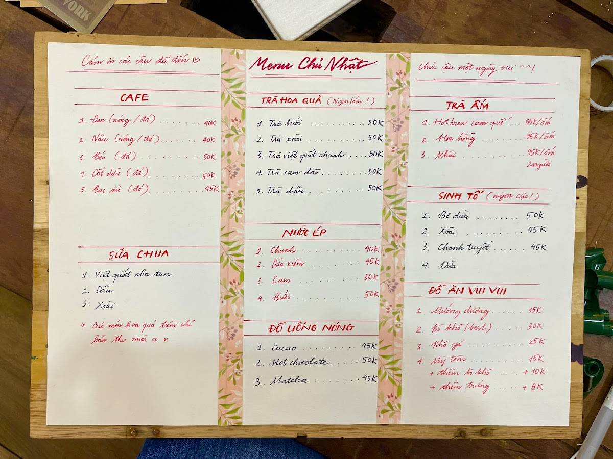 Menu at Chủ Nhật Cafe & Homestay, Hanoi, 75 Nguyễn Công Hoan/12 Đ. Láng