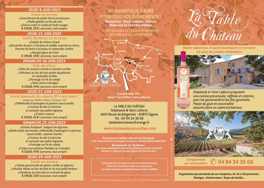 Menu au La Table du Château restaurant, Signes
