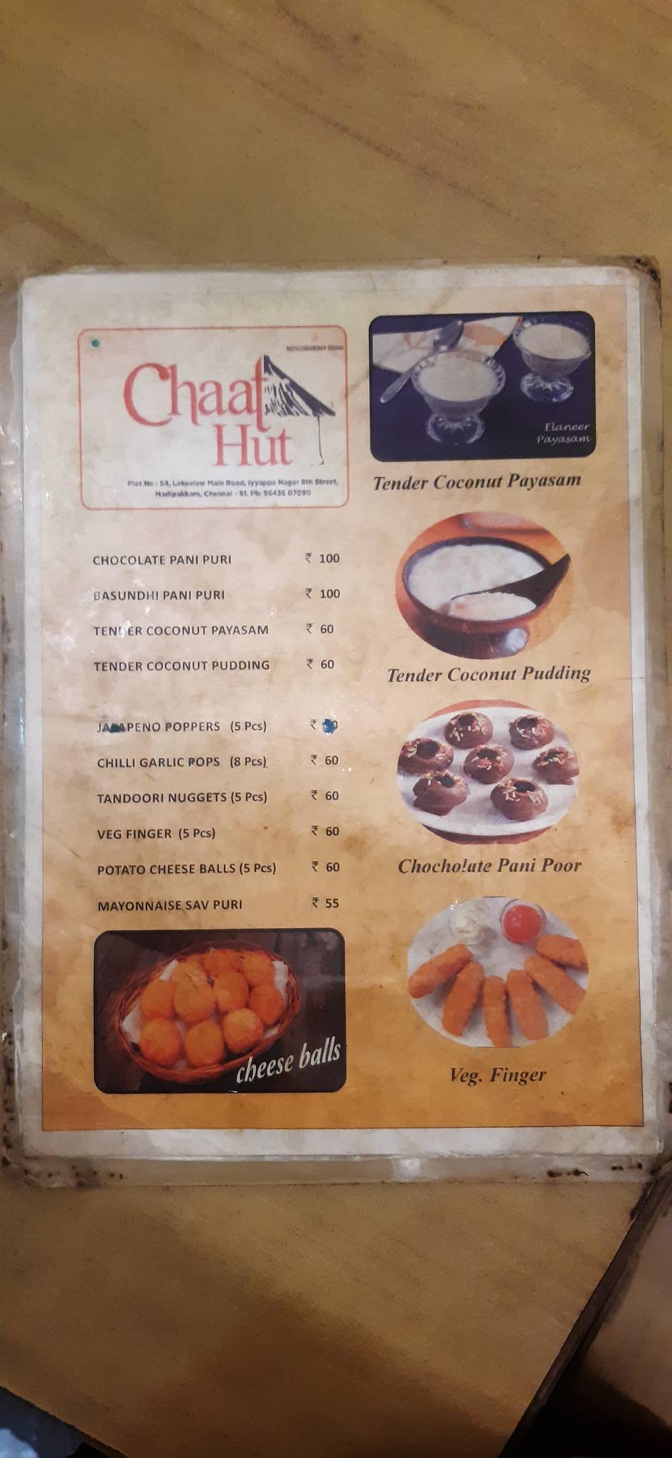 Menu at Chaat Hut, Chennai, 8th St
