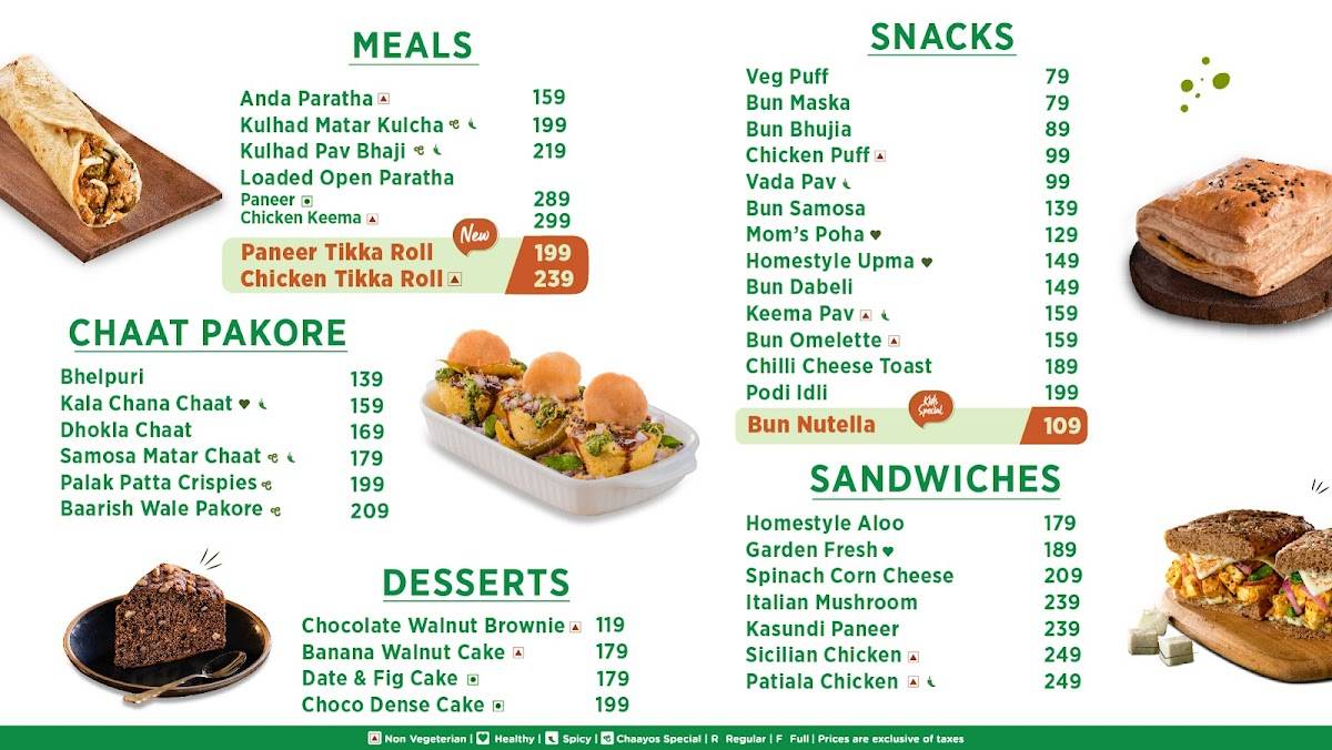 Menu at Chaayos Cafe at Bagmane Tech Park, Bengaluru