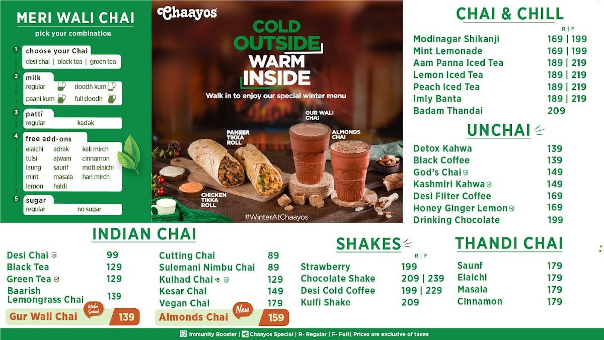 Menu at Chaayos Cafe at Bagmane Tech Park, Bengaluru