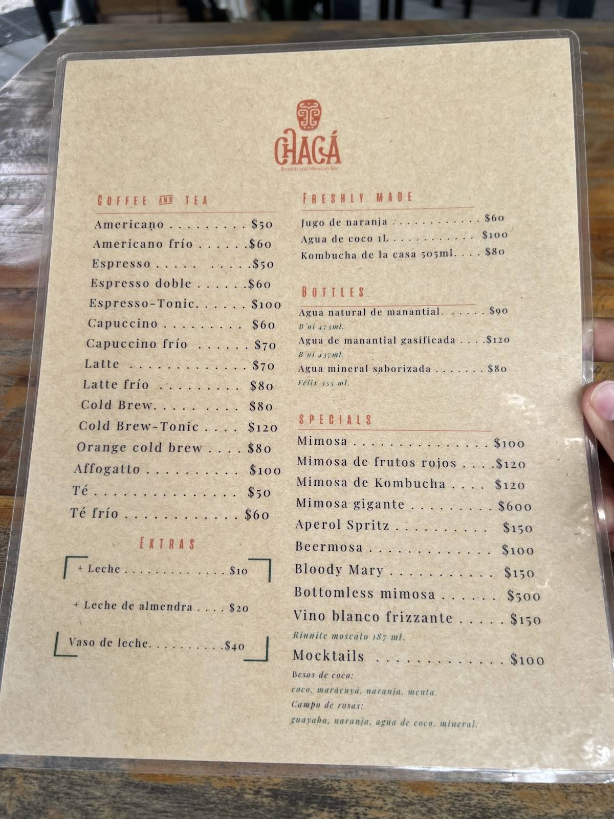 Menu at Chacá restaurant, Bacalar