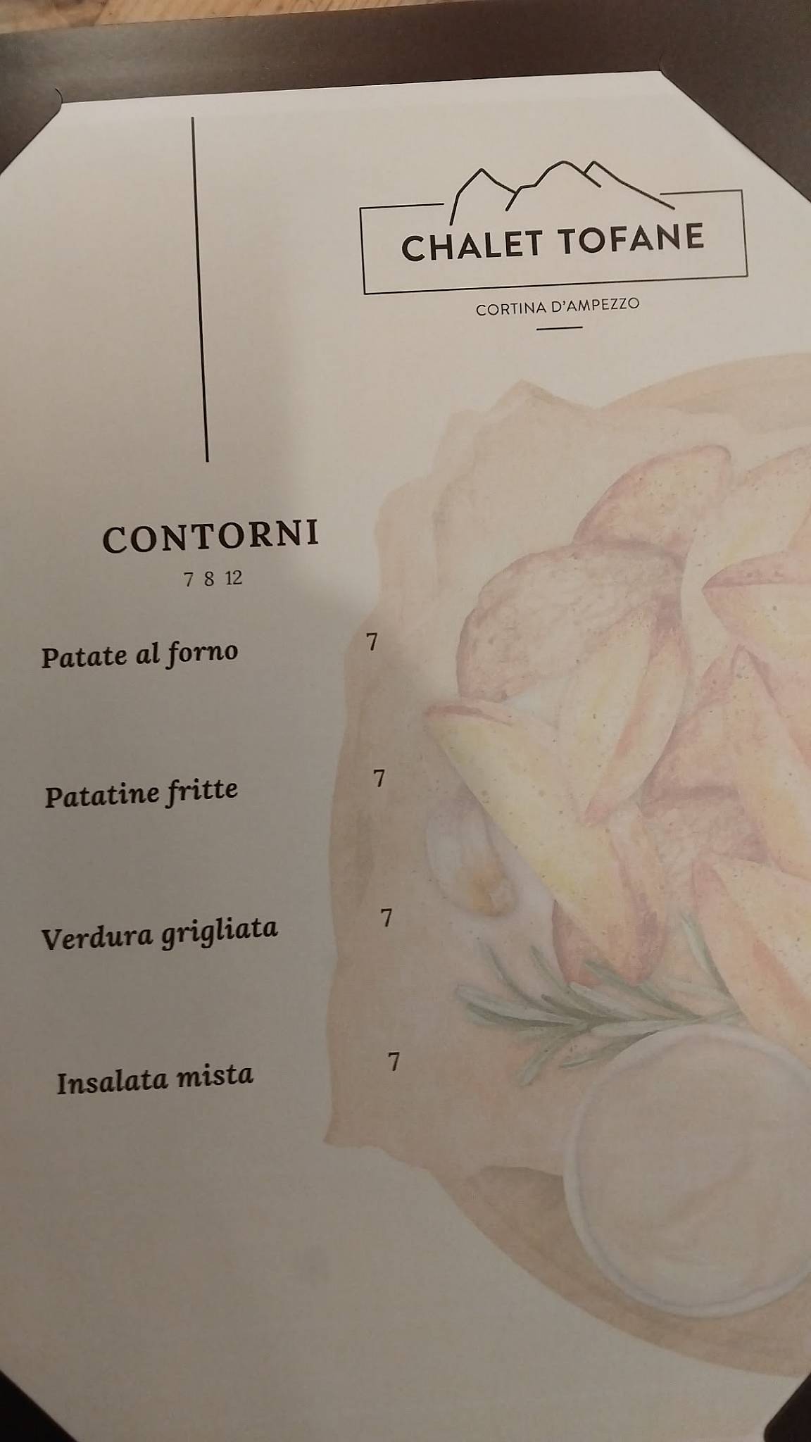 Menu at Chalet Tofane restaurant, Cortina d'Ampezzo