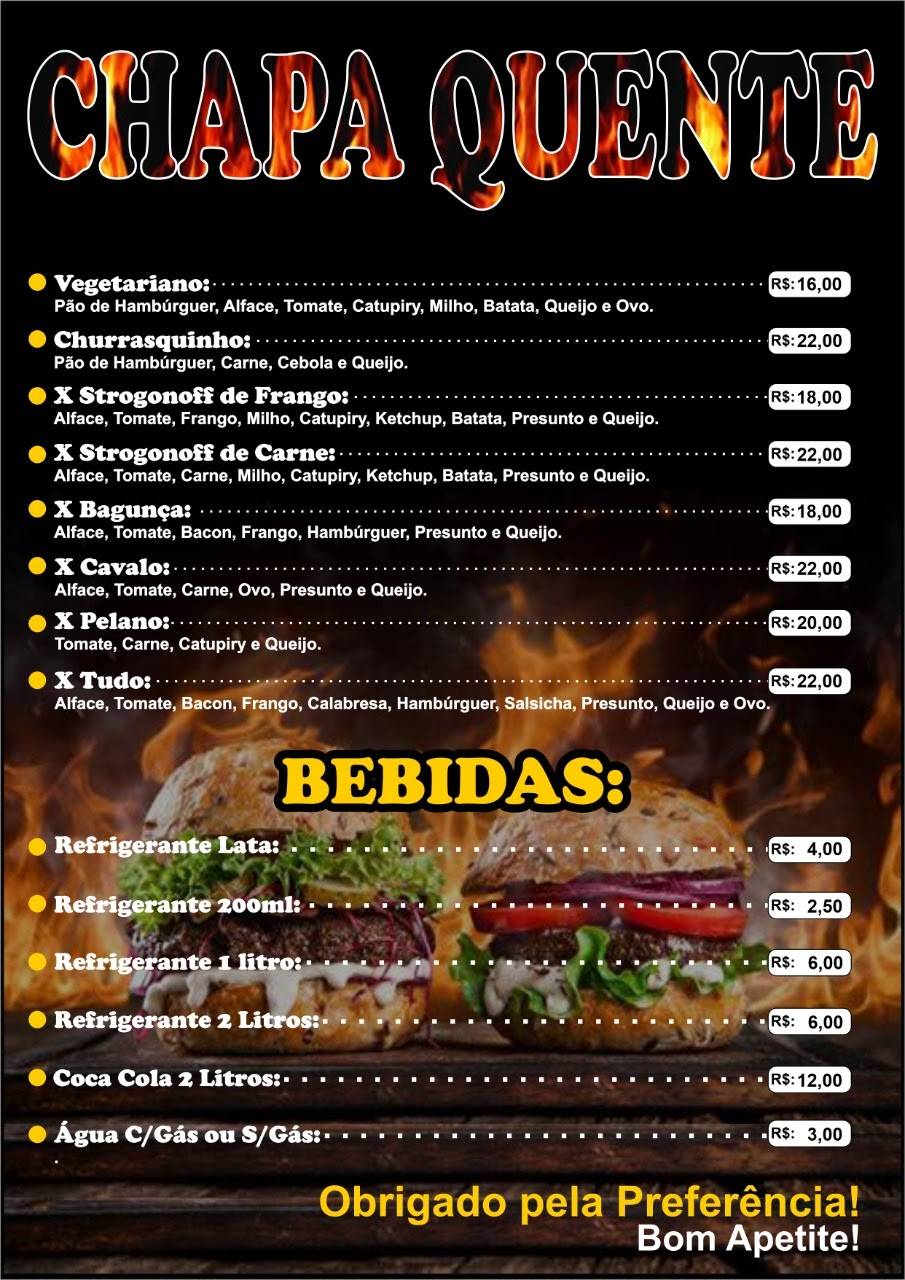 Menu at Chapa Quente lanches pub & bar, Bandeirantes