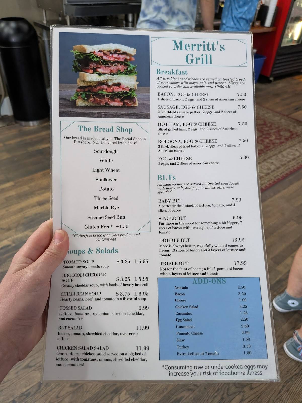 Menu at Merritt's Grill restaurant, Chapel Hill