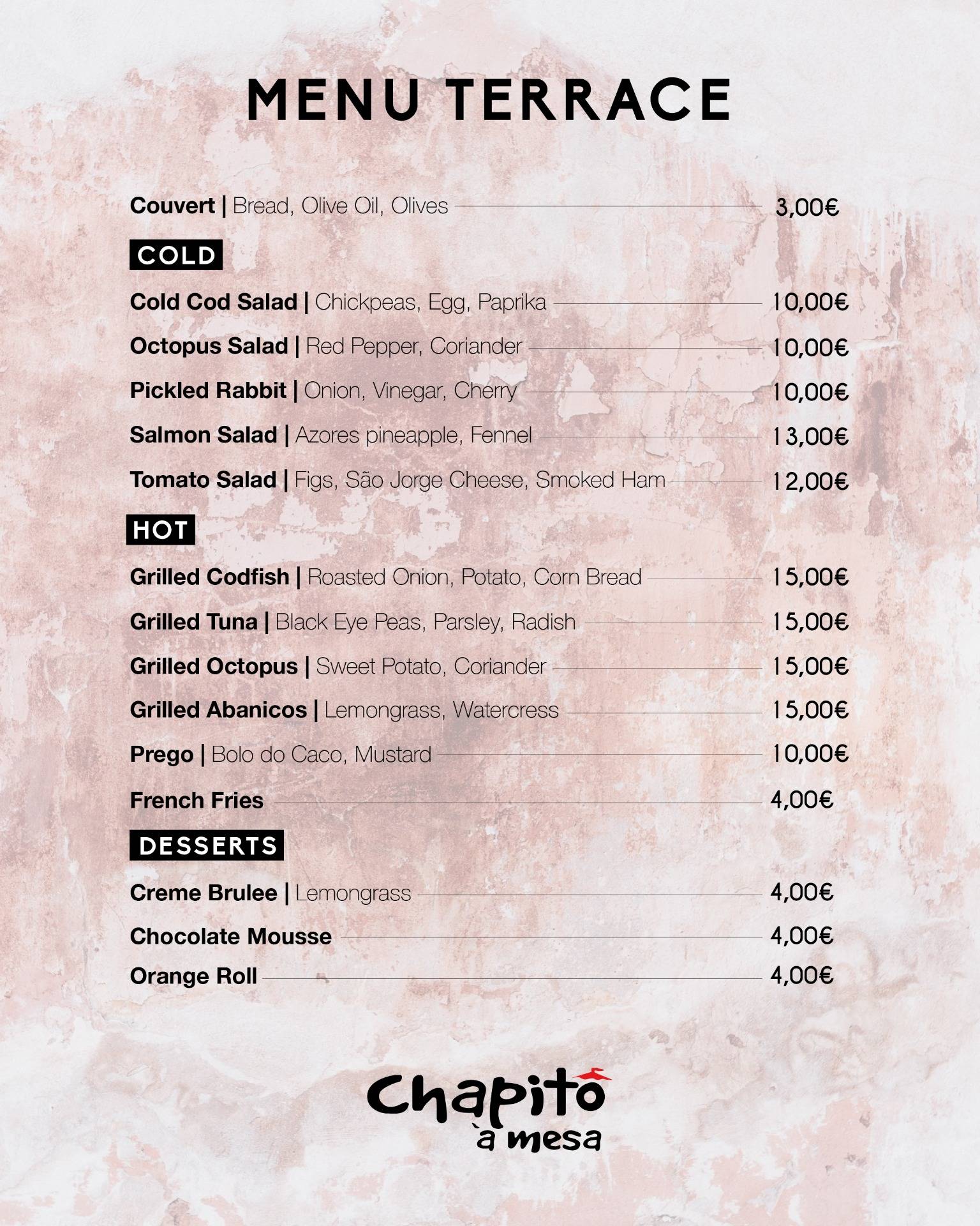 Menu em Chapito à Mesa - Pátio restaurante, Lisboa
