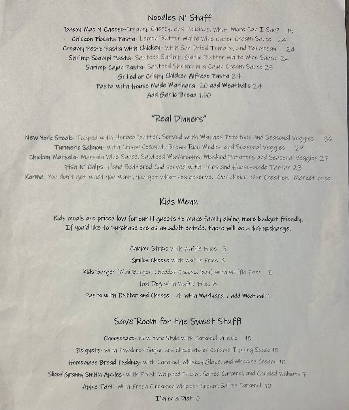 Menu at Chapter 2 restaurant, Tracy