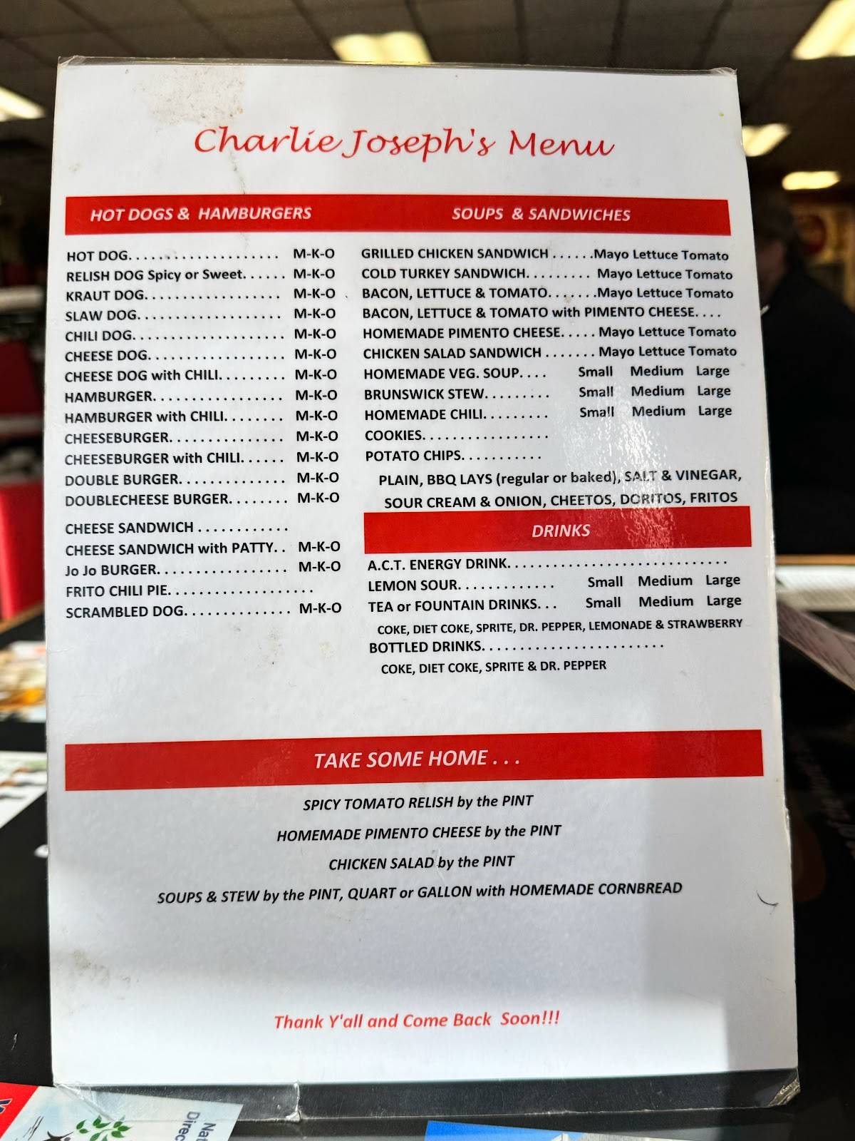 Menu at Charlie Joseph's restaurant, LaGrange, W Point Rd