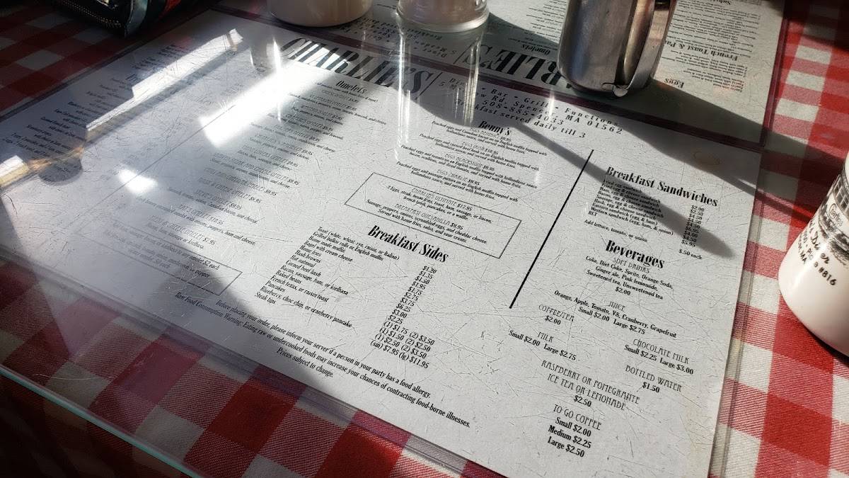Menu at Charlie's Diner restaurant, Spencer