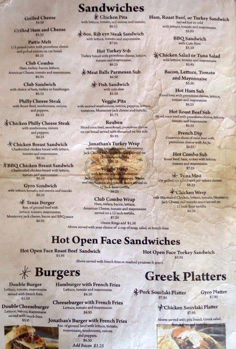 Menu at Jonathan's restaurant, Matthews