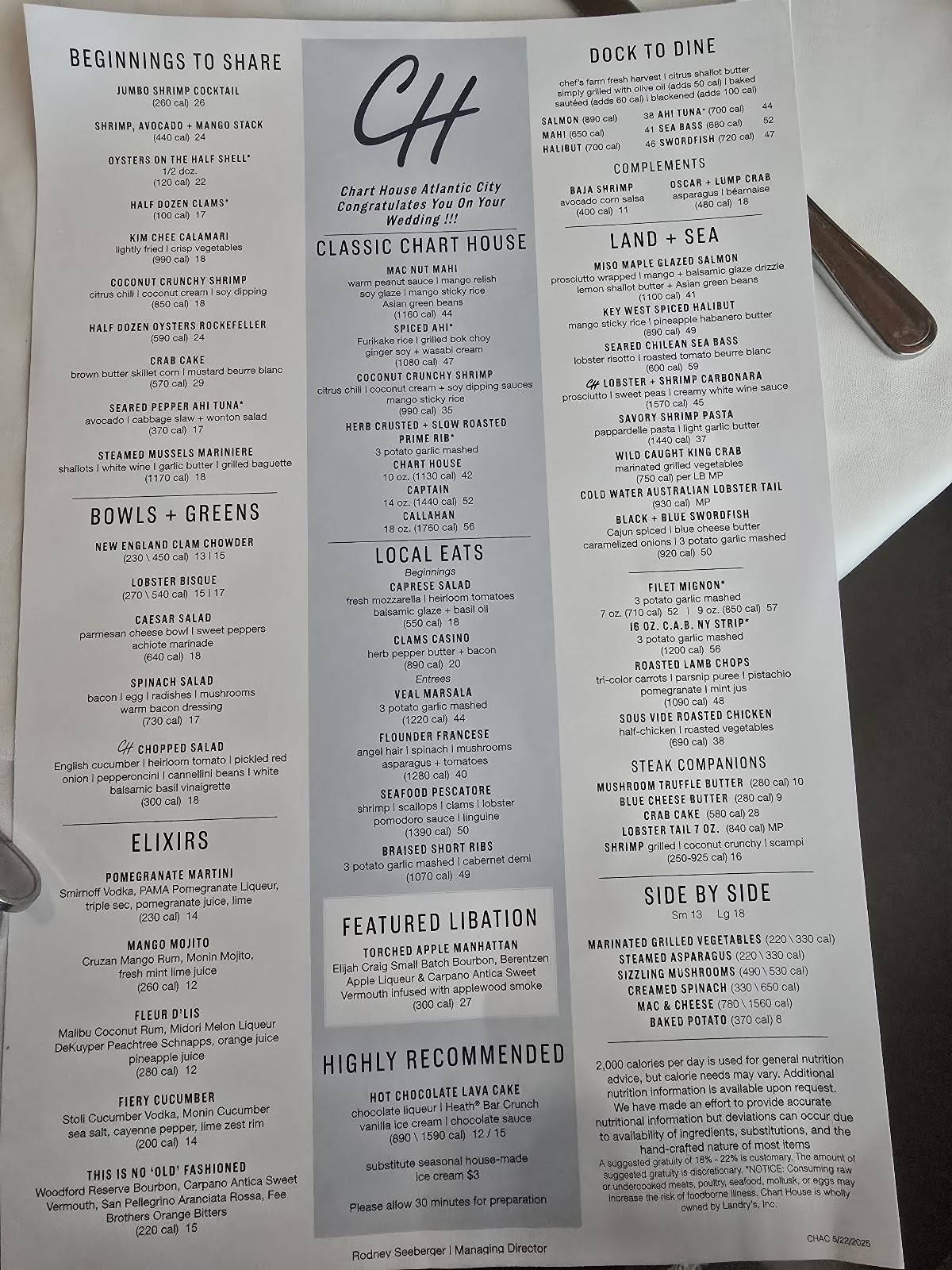 Menu at Chart House steakhouse, Atlantic City
