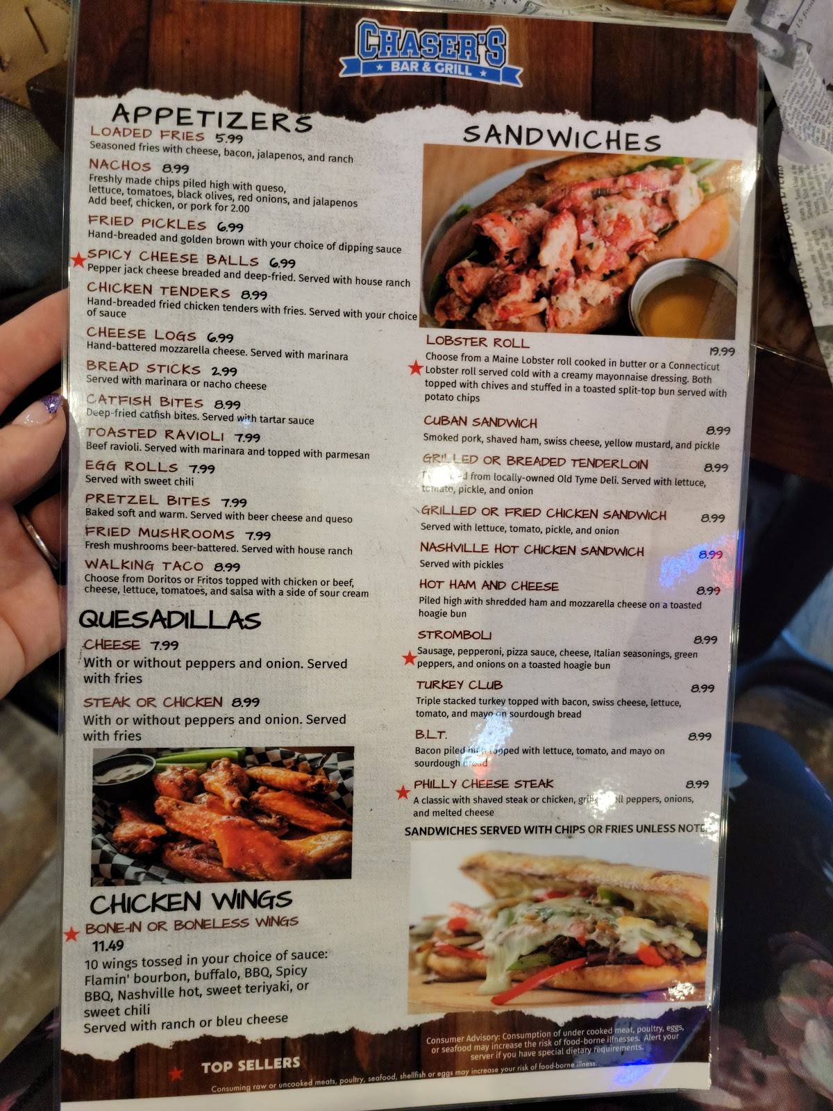 Menu at Chaser's Bar & Grill, Evansville