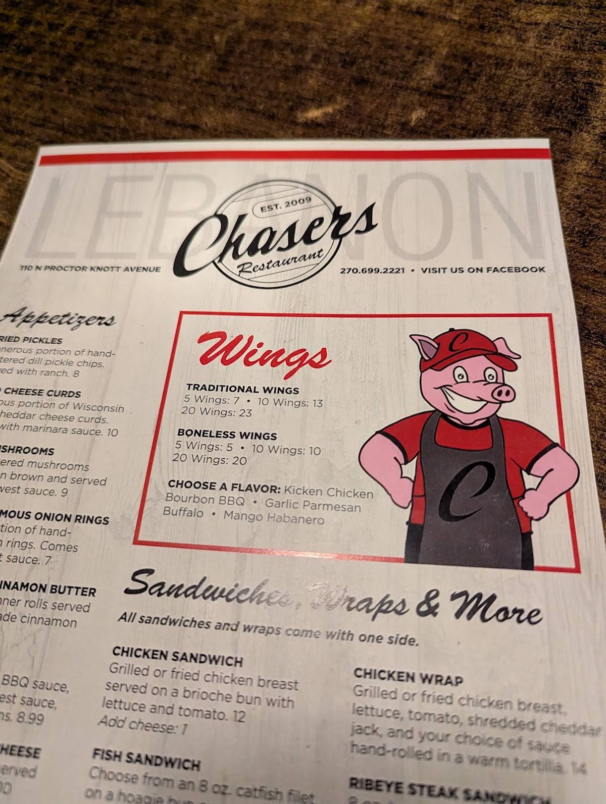 Menu at Chasers Restaurant, Lebanon