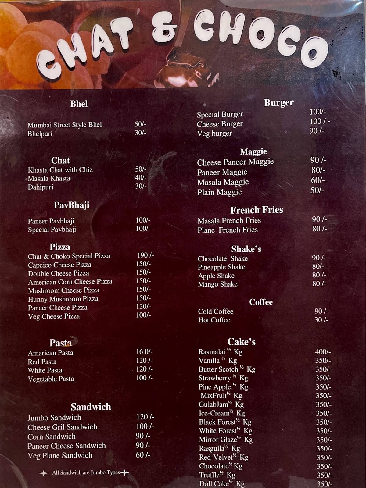 Menu at Chat and Choco cafe, Amravati
