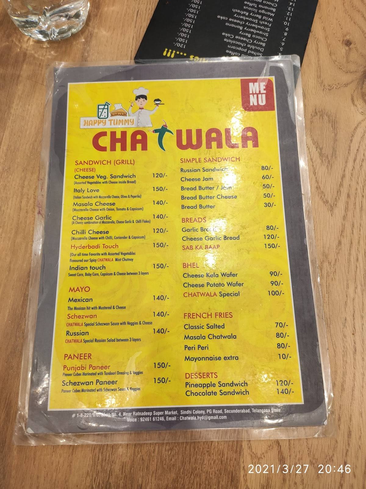 Menu at Chatwala, Hyderabad