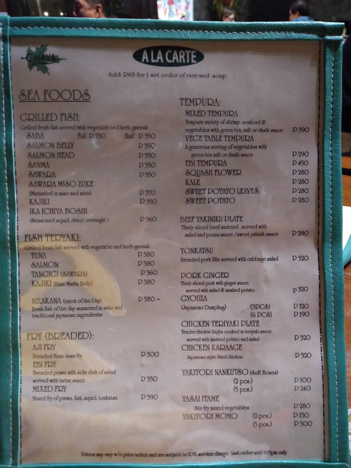 Menu at Chaya restaurant, Baguio
