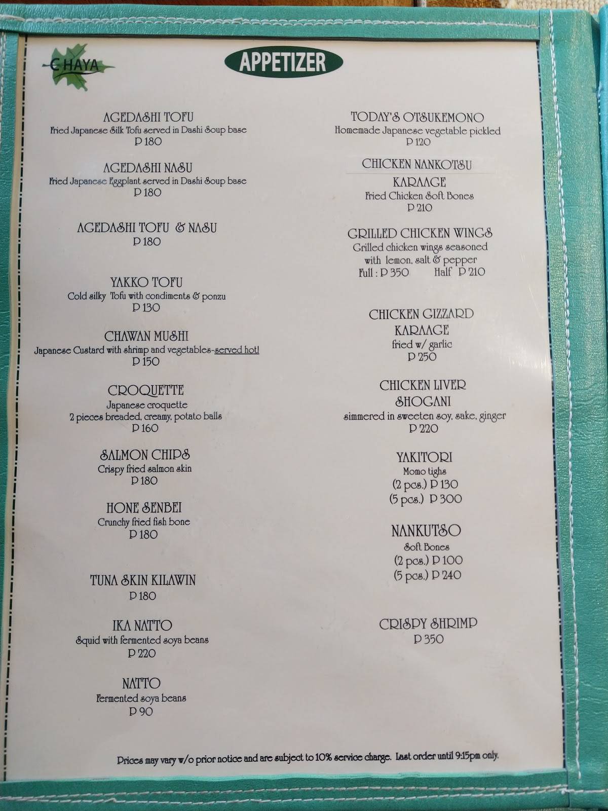 Menu at Chaya restaurant, Baguio