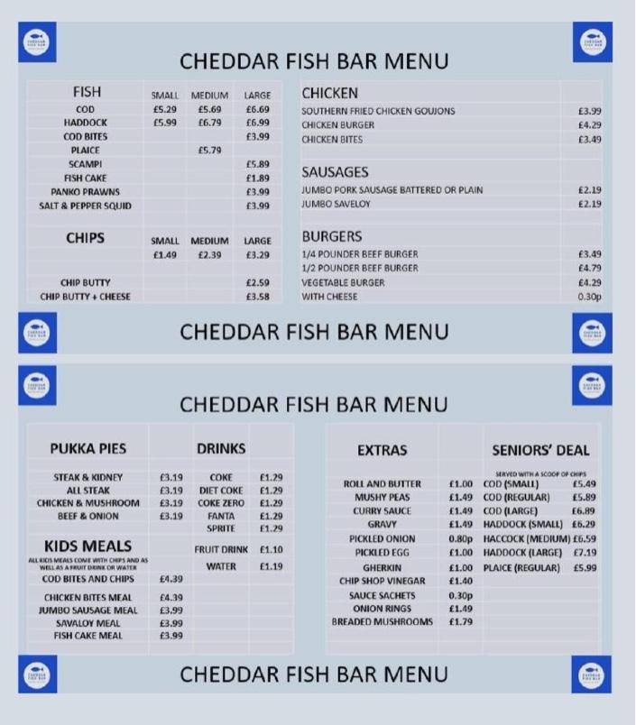 Menu at Cheddar Fish Bar, Cheddar, Cliff St