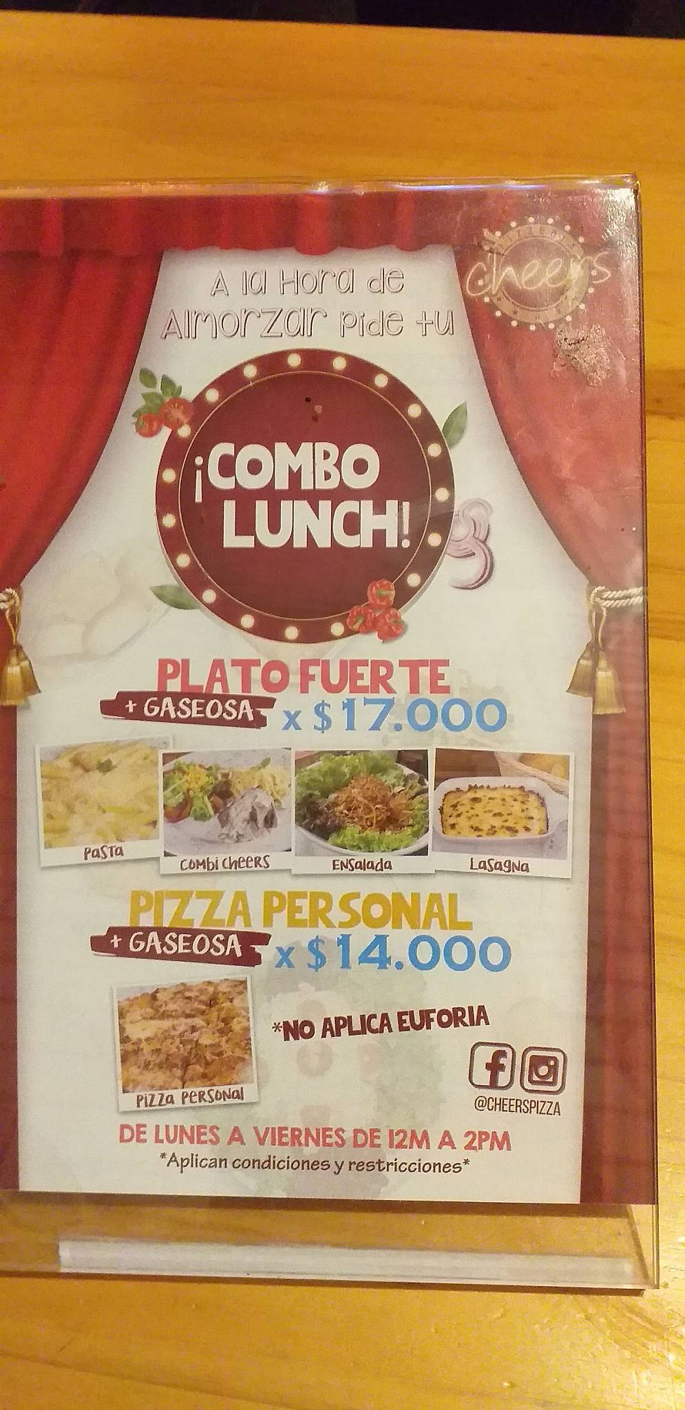 Carta del restaurante Cheers Parque del Perro, Cali