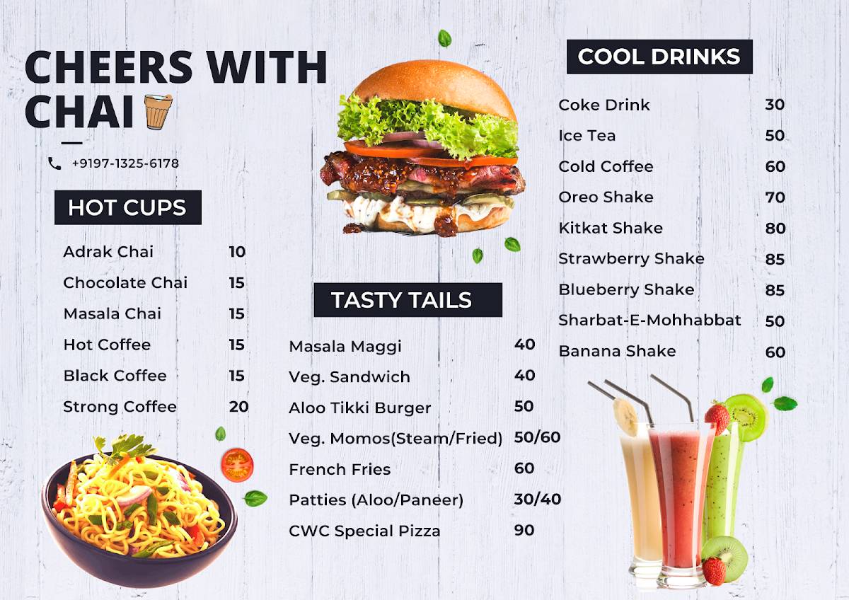 Menu at Cheers with chai, Bhopal