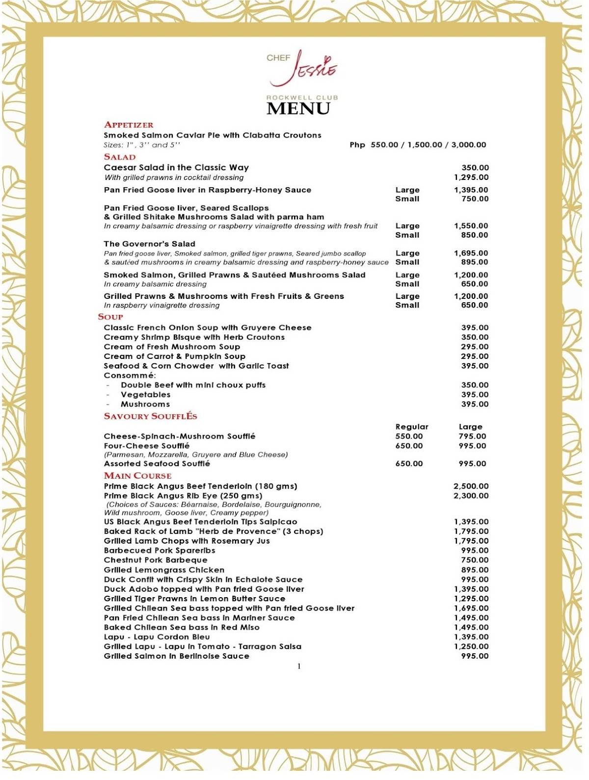 Menu at Chef Jessie Rockwell Club, Makati