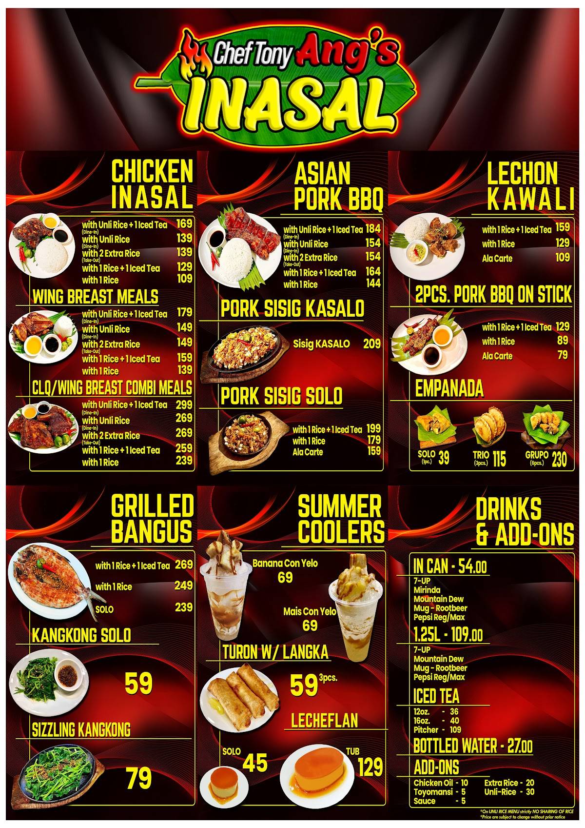 Menu at Chef Tony Ang’s Inasal - Marx Commonwealth restaurant, Quezon City