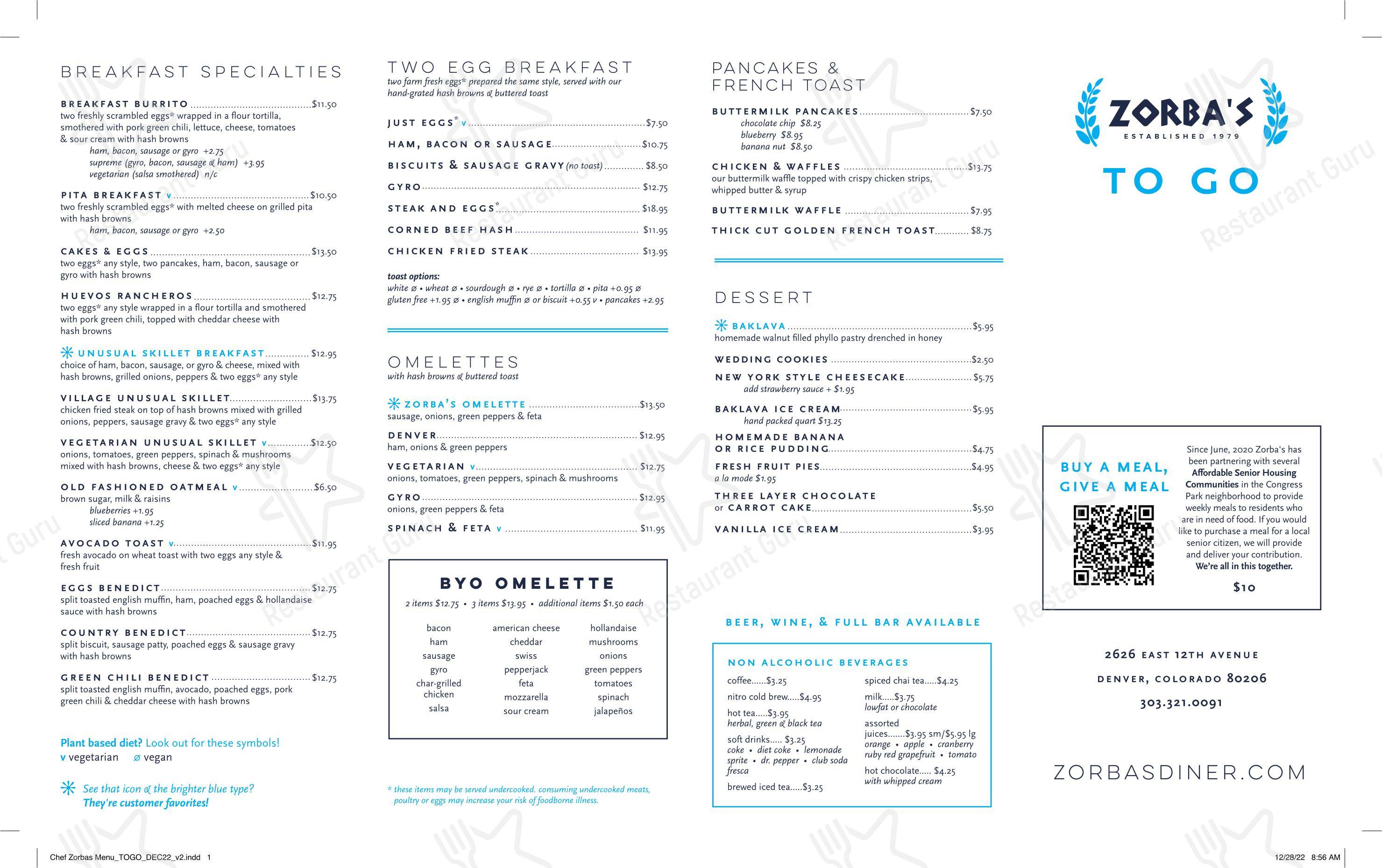 Menu at Chef Zorba's restaurant, Denver