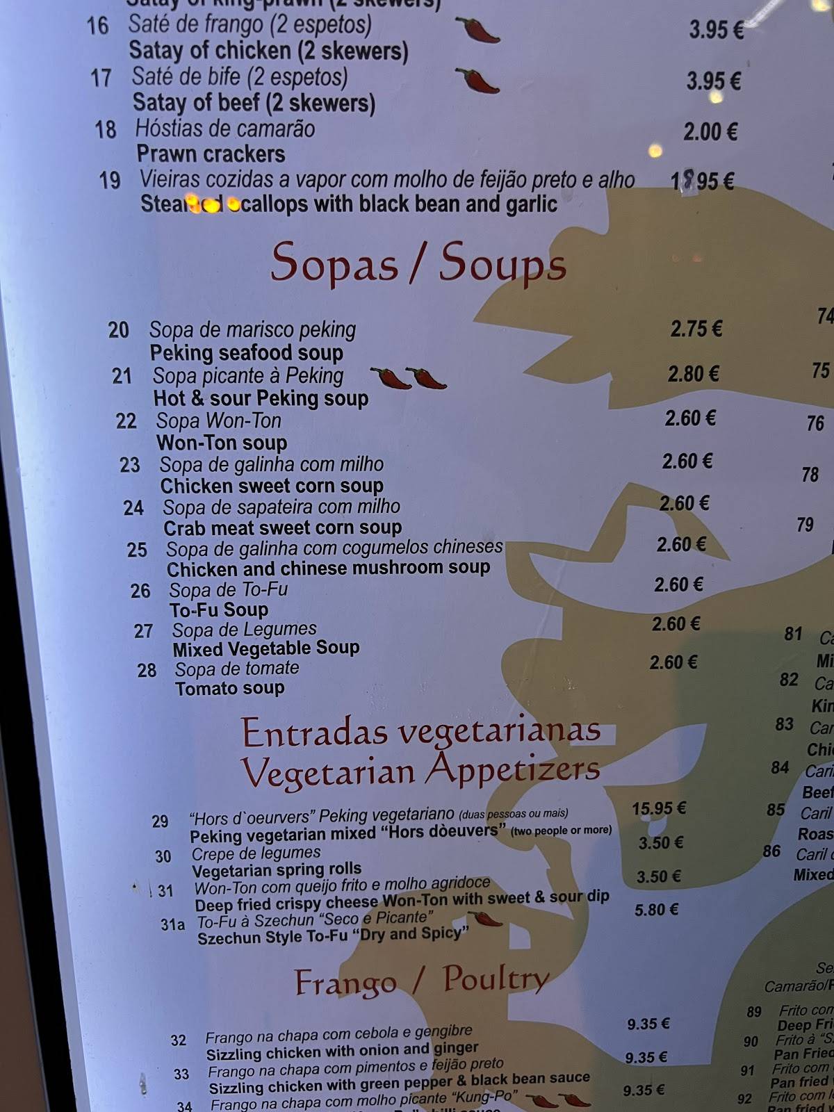 Menu at Chef's Peking restaurant, Olhos de Água
