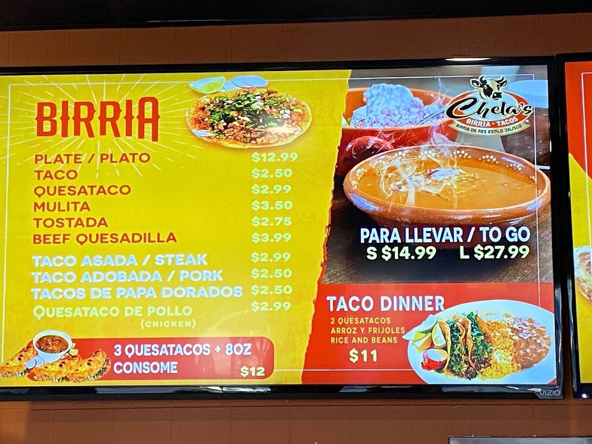 Menu at Chela's Birria Tacos restaurant, Whiting
