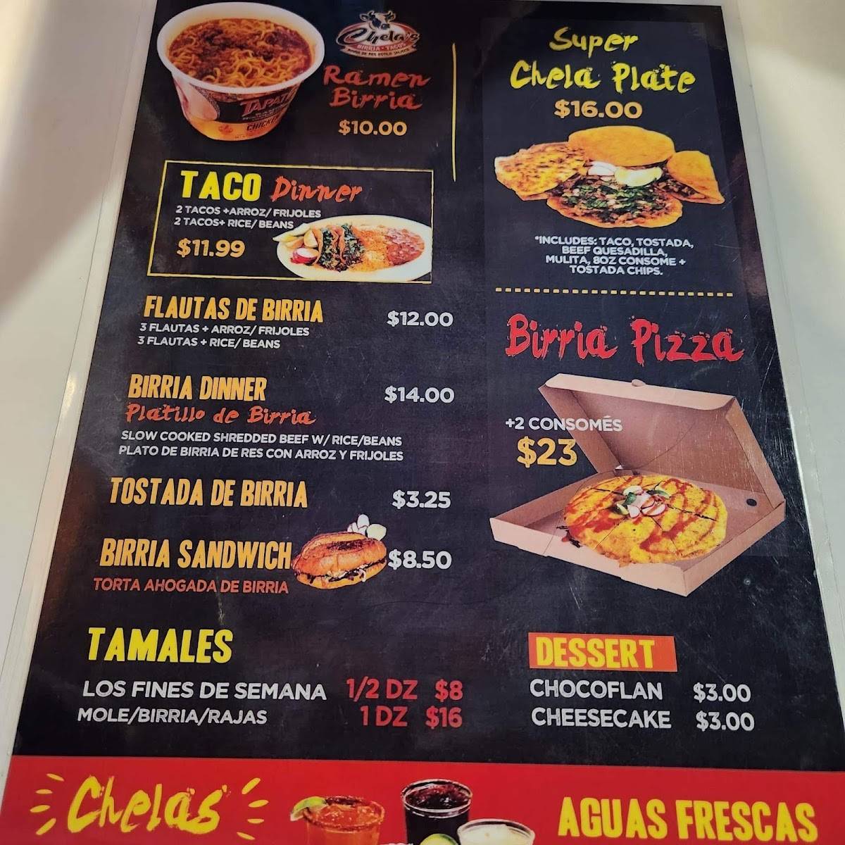 Menu at Chela's Birria Tacos restaurant, Whiting