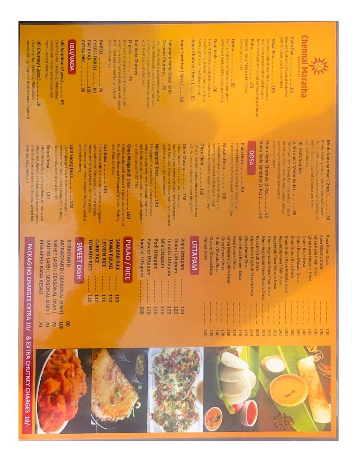 Menu at Chennai Maratha, Ambala