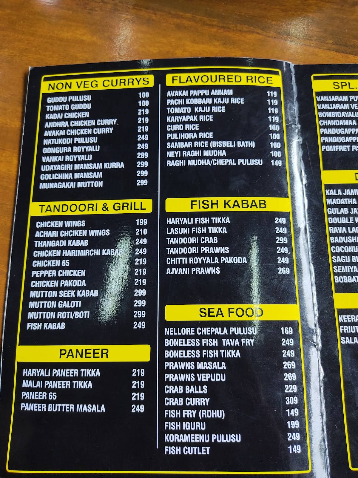 Menu at Aha Chepala Pulusu, Hyderabad