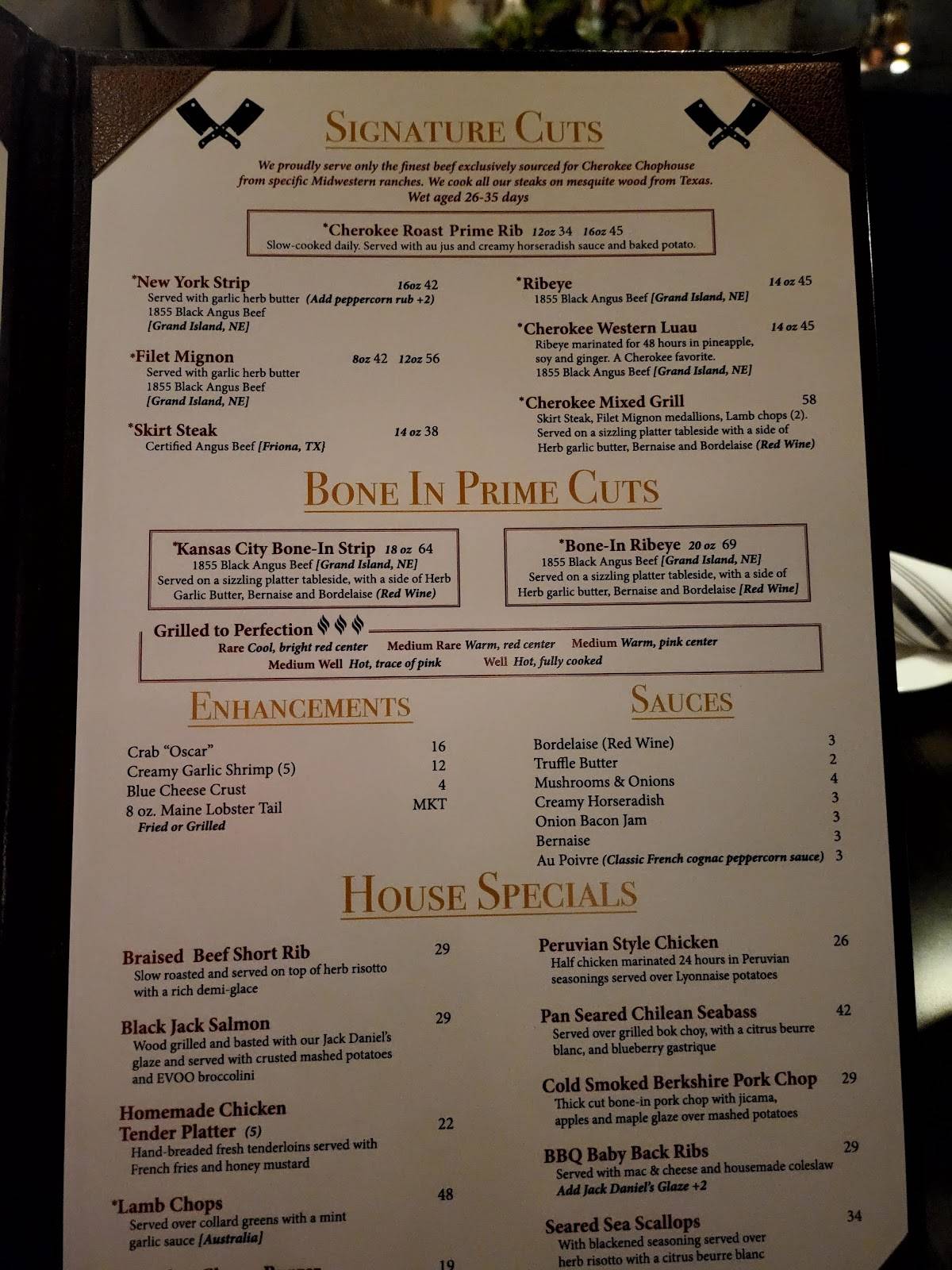 Menu at Cherokee Chophouse steakhouse, Marietta