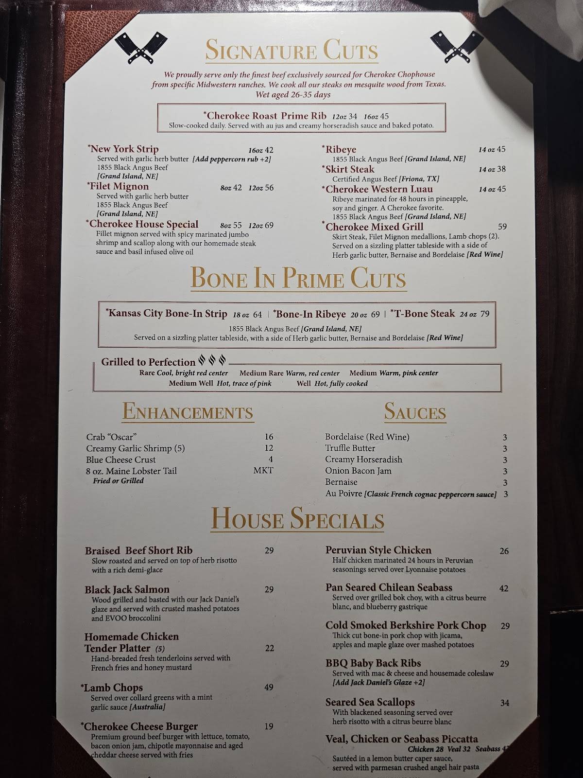 Menu at Cherokee Chophouse steakhouse, Marietta
