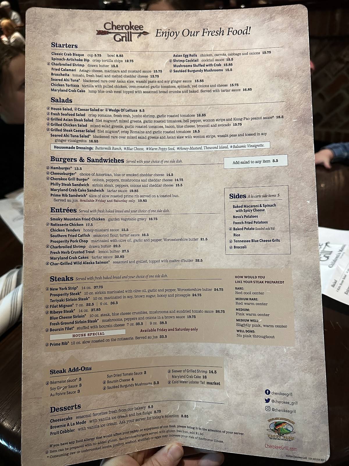 Menu at Cherokee Grill and Steakhouse, Gatlinburg