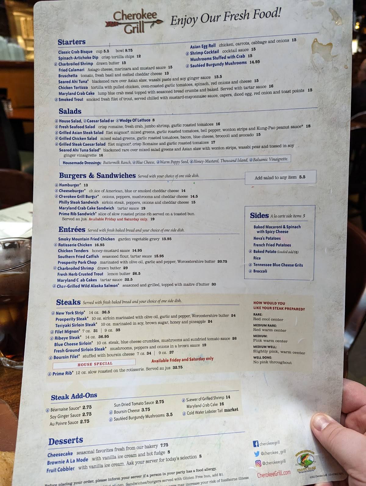 Menu at Cherokee Grill and Steakhouse, Gatlinburg